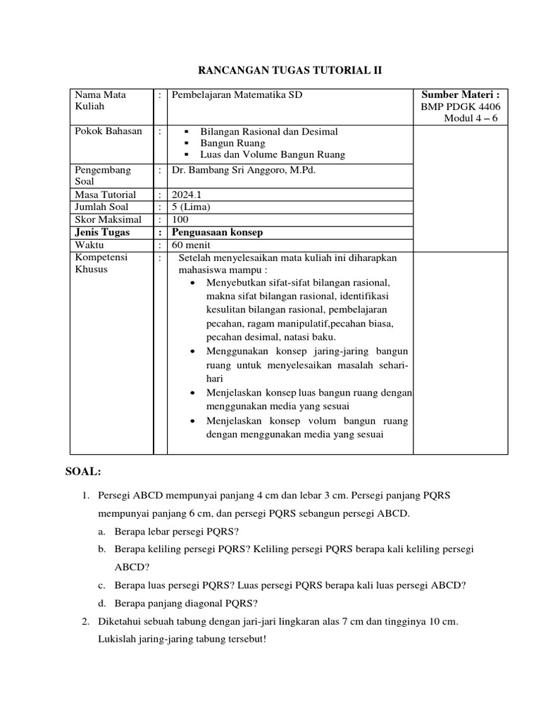 Rancangan Tugas 2 Mahasiswa S1 Pembelajaran Matematika SD UT | PDF | Griya & Taman