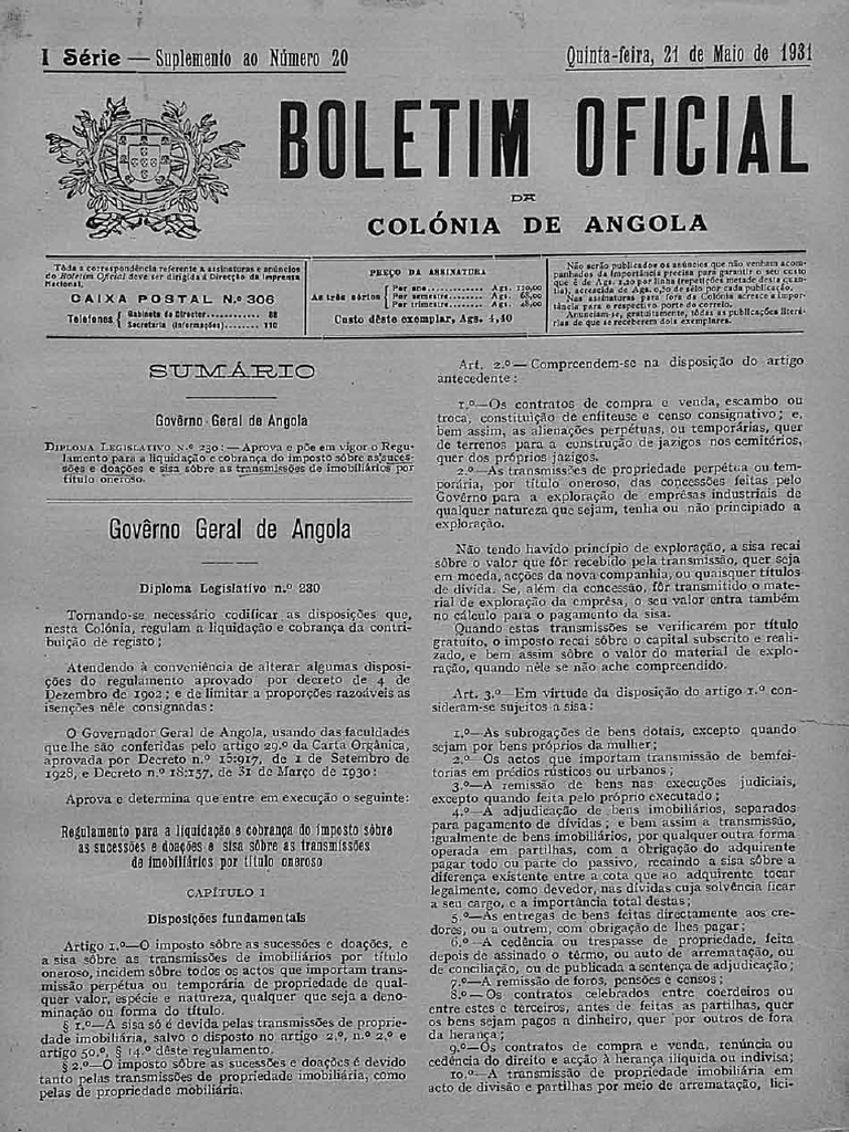 Diploma Legislativo 230, de 21 de Maio - SISA (1) Angola | PDF
