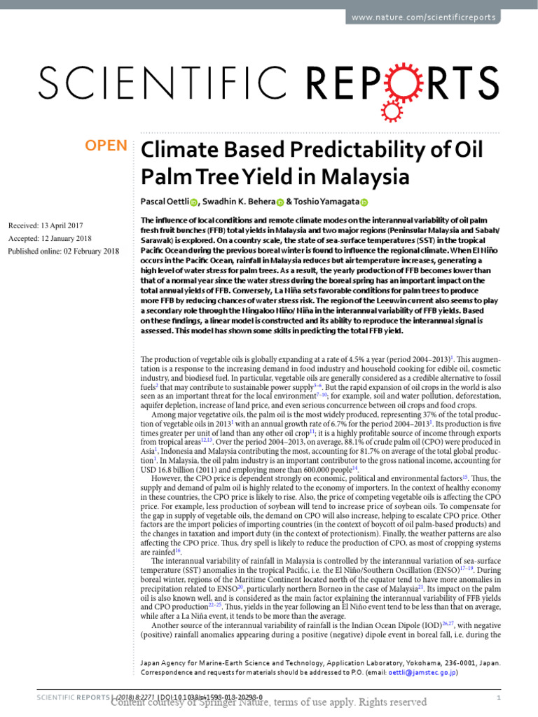 Climate Based Predictability of Oil Palm Tree Yiel | PDF | Sea Surface ...