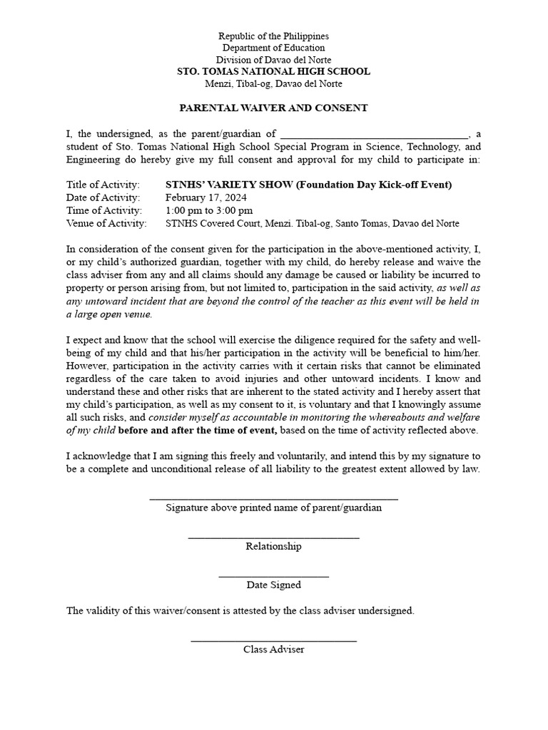 Parental Waiver and Consent Template | PDF | Consent | Common Law