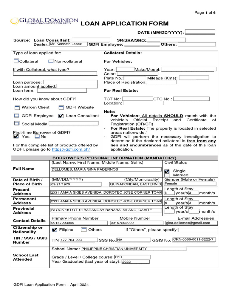 LOAN APPLICATION FORM Rev April 2024 - A1 | PDF | Loans | Mortgages