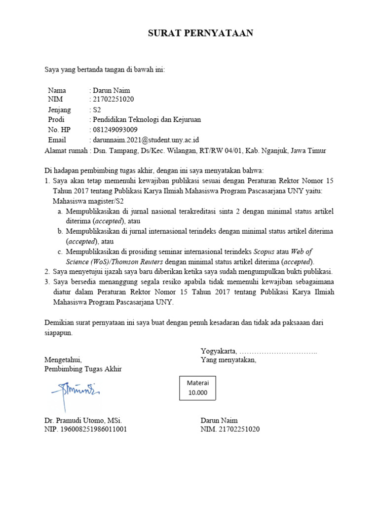 B. Surat Pernyataan Mahasiswa S2 Akan Memenuhi Kewajiban Publikasi | PDF