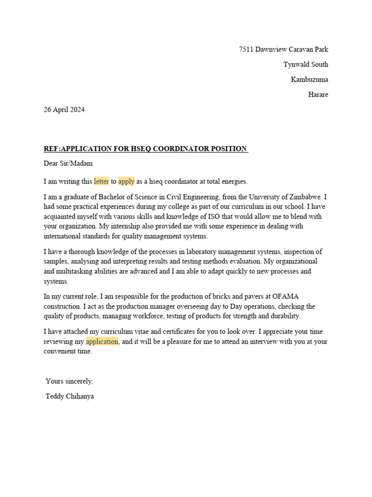 Teddy Chihanya Application Lettecncr | PDF