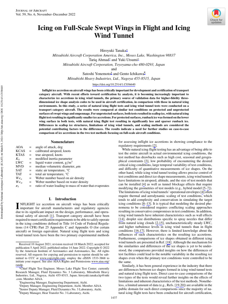 Tanaka Et Al 2022 Icing On Full Scale Swept Wings in Flight and Icing ...