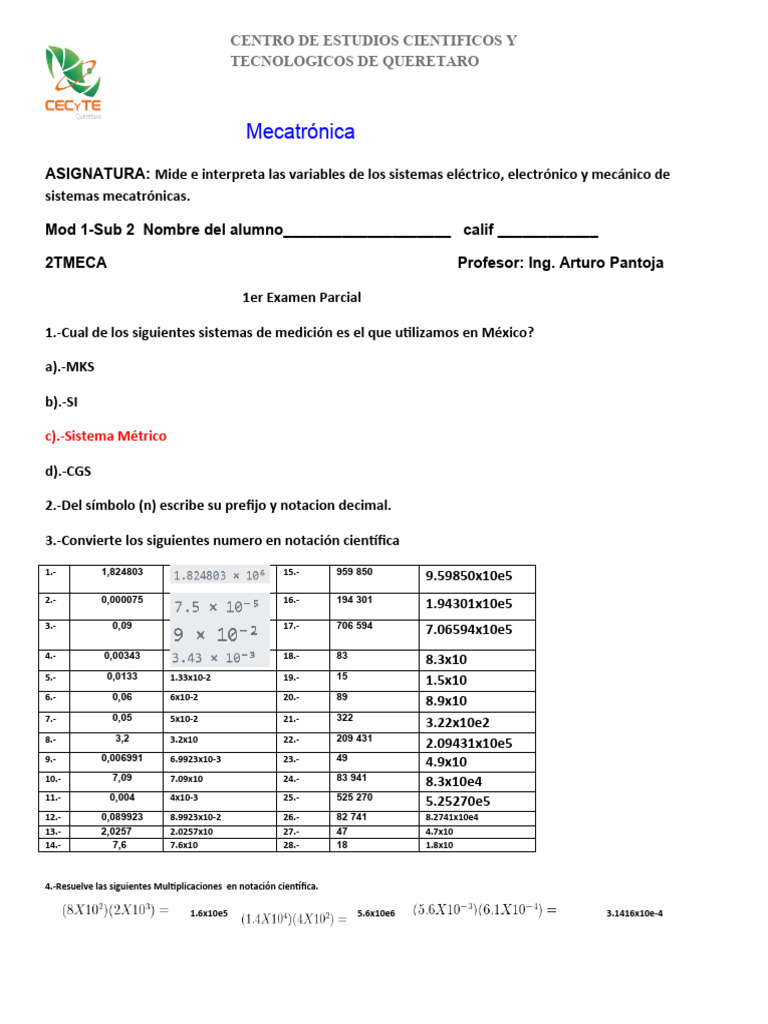 1er Examen Parcial Modulo 1 Submodulo 2 | PDF | Unidades de medida | Metrología
