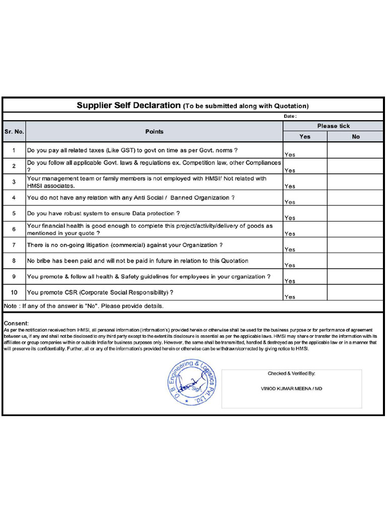 Supplier Self Declaration | PDF