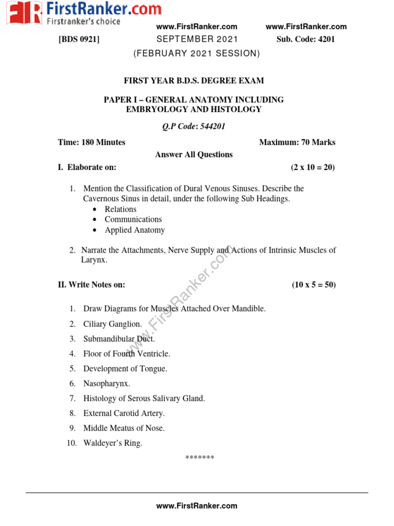 BDS General Anatomy Exam Paper September 2021 | PDF