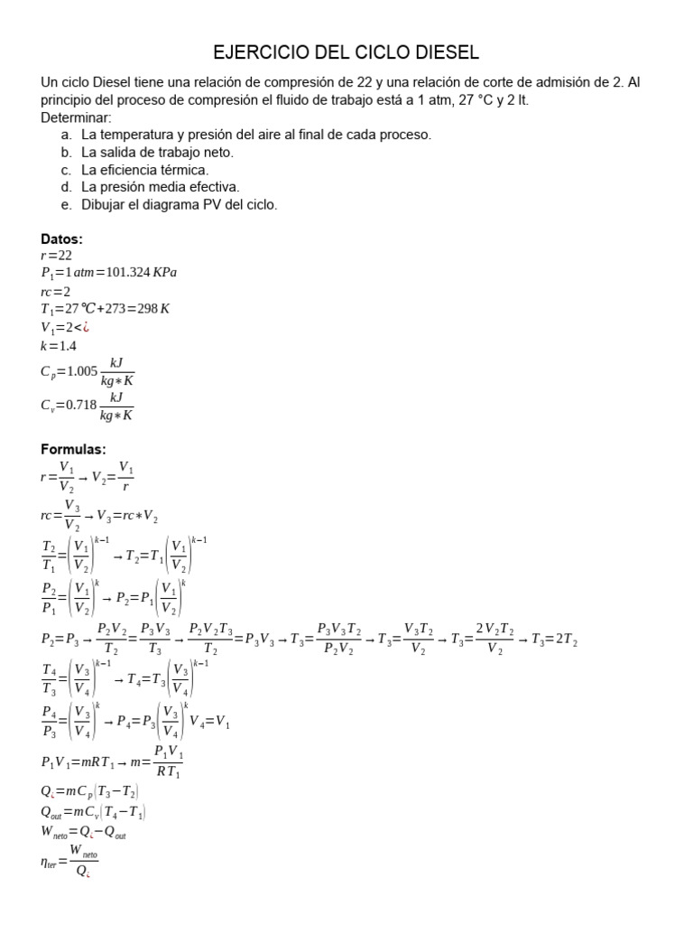 Ejercicio Del Ciclo Diesel | PDF | Motor diesel | Fenómenos científicos