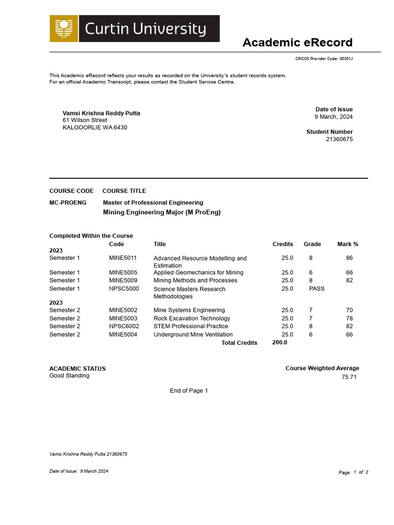 Student Academic eRecord | PDF | Mining | Science