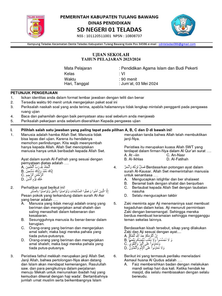Soal Us Pai SD Kelas 6 | PDF