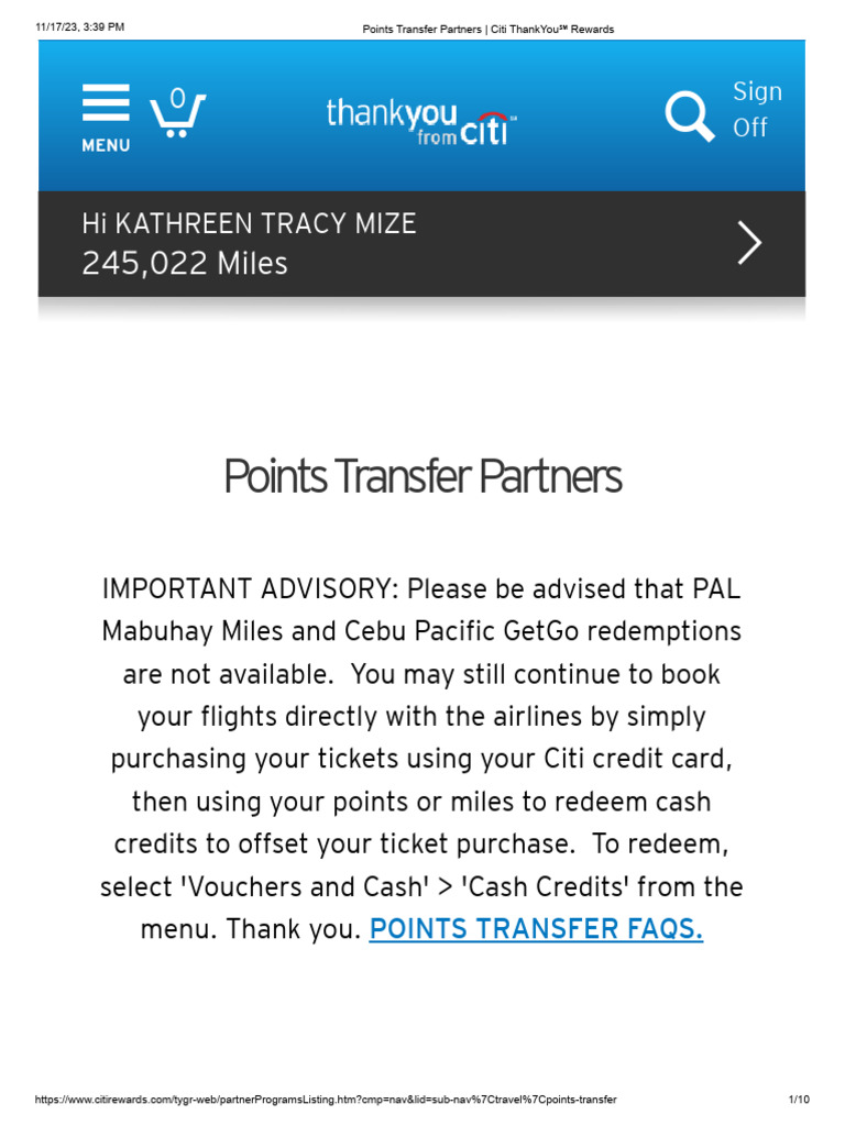 Points Transfer Partners - Citi ThankYou Rewards | PDF | Frequent Flyer ...