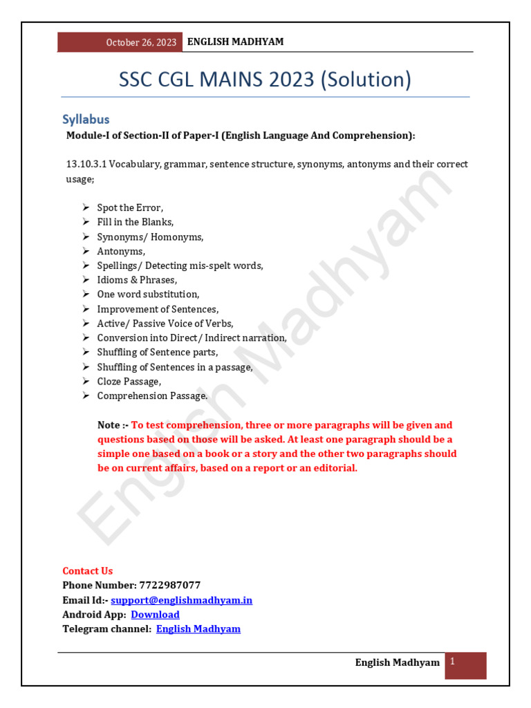 SSC CGL Mains 2023 English Solutions | PDF | Grape | Verb
