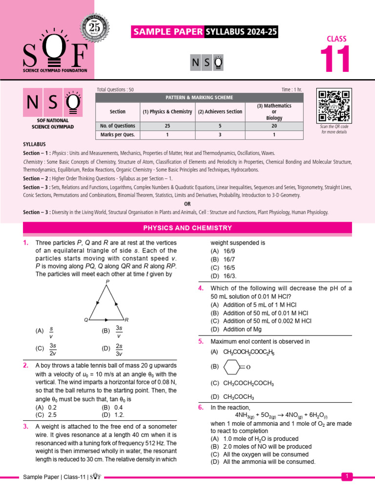 Nso Sample Paper Class-11 | PDF | Chemistry | Blood