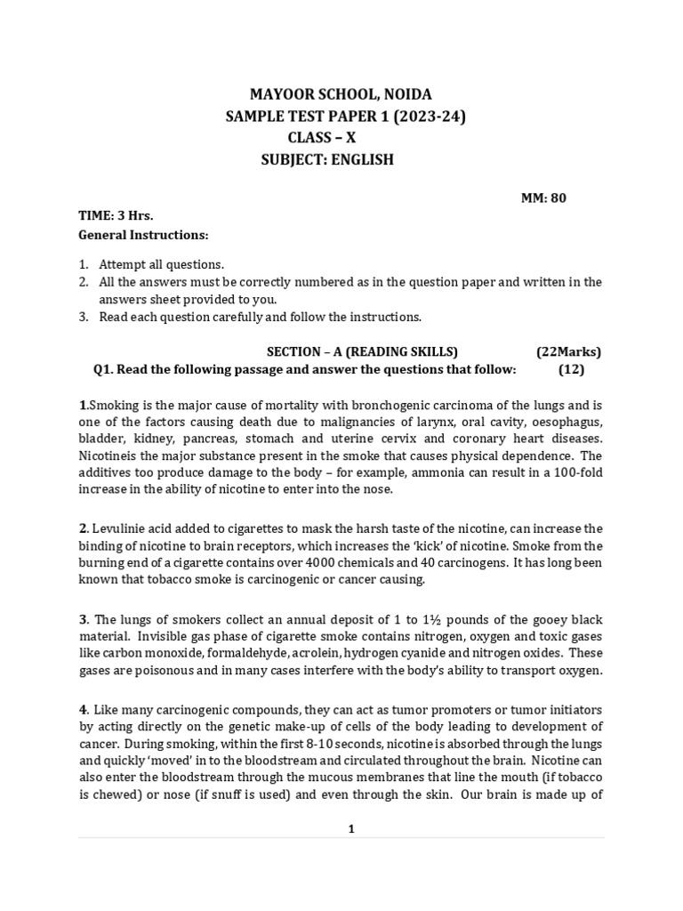 Sample Test Paper 1 CL X 202324 1 | PDF | Nicotine | Brain