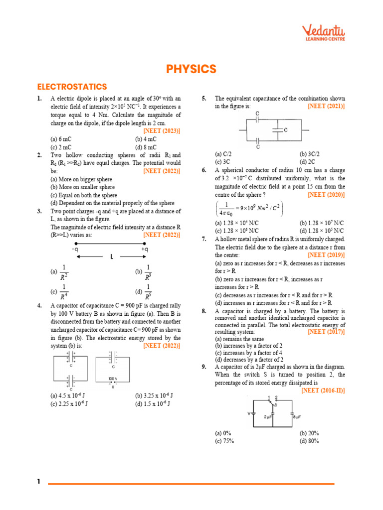 NEET Physics Electrostatics Questions | PDF | Inductor | Inductance