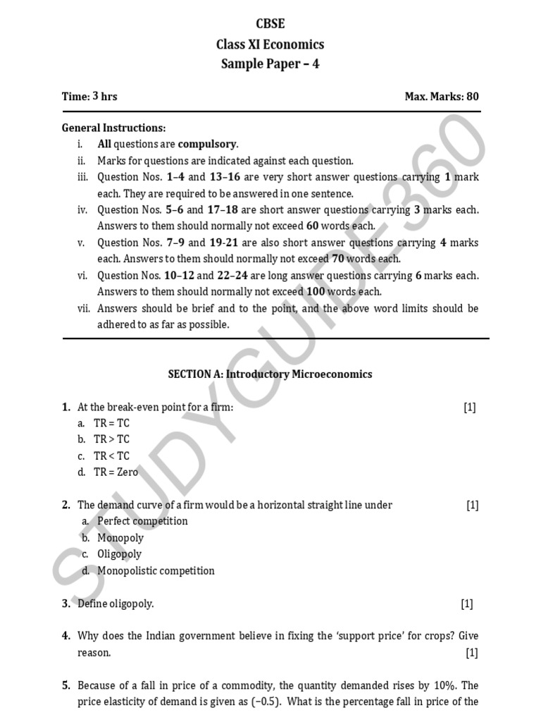 Class 11 Economics Sample Paper 4 Questions | PDF | Economics