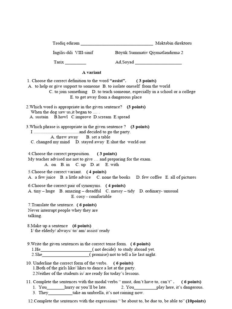 Grade 8 Big Summative 2 Variant A | PDF | Verb | Semantic Units