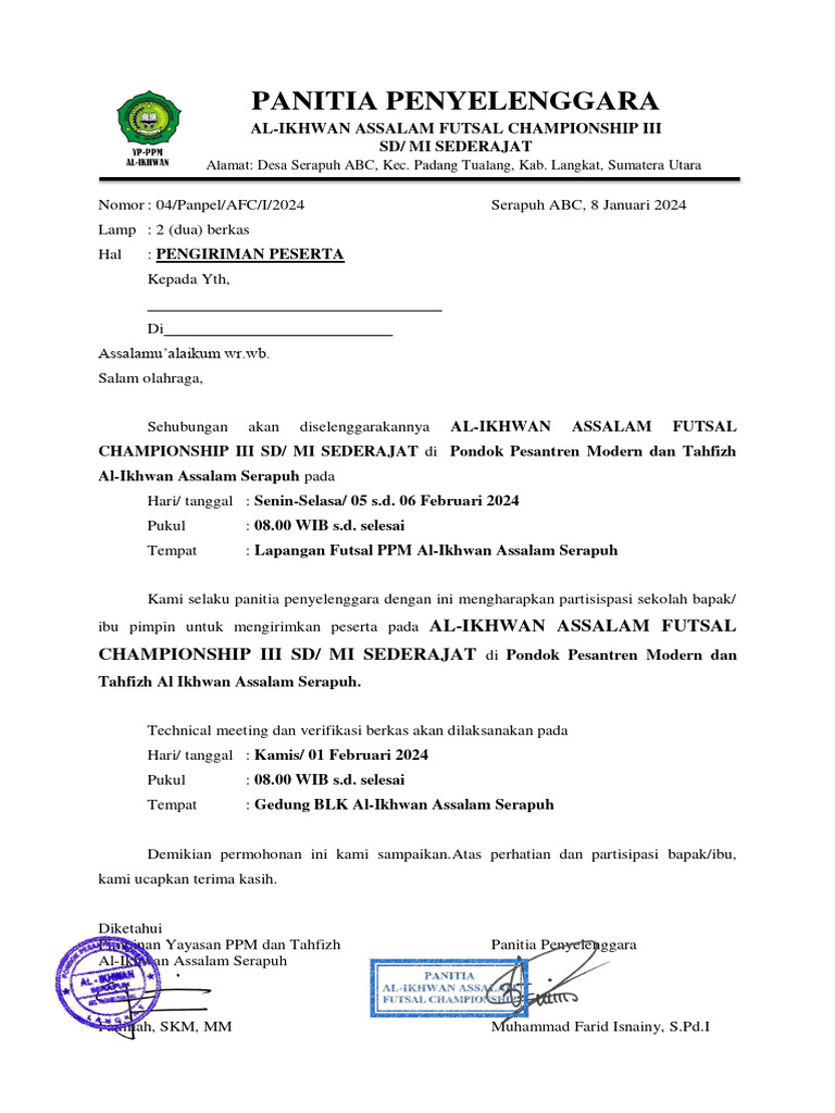 Undangan Futsal Al Ikhwan Assalam 2024 - Sd-Mi | PDF