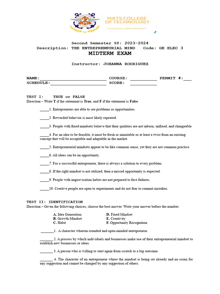 Midterm Exam Test Sheet | PDF | Entrepreneurship | Mindset
