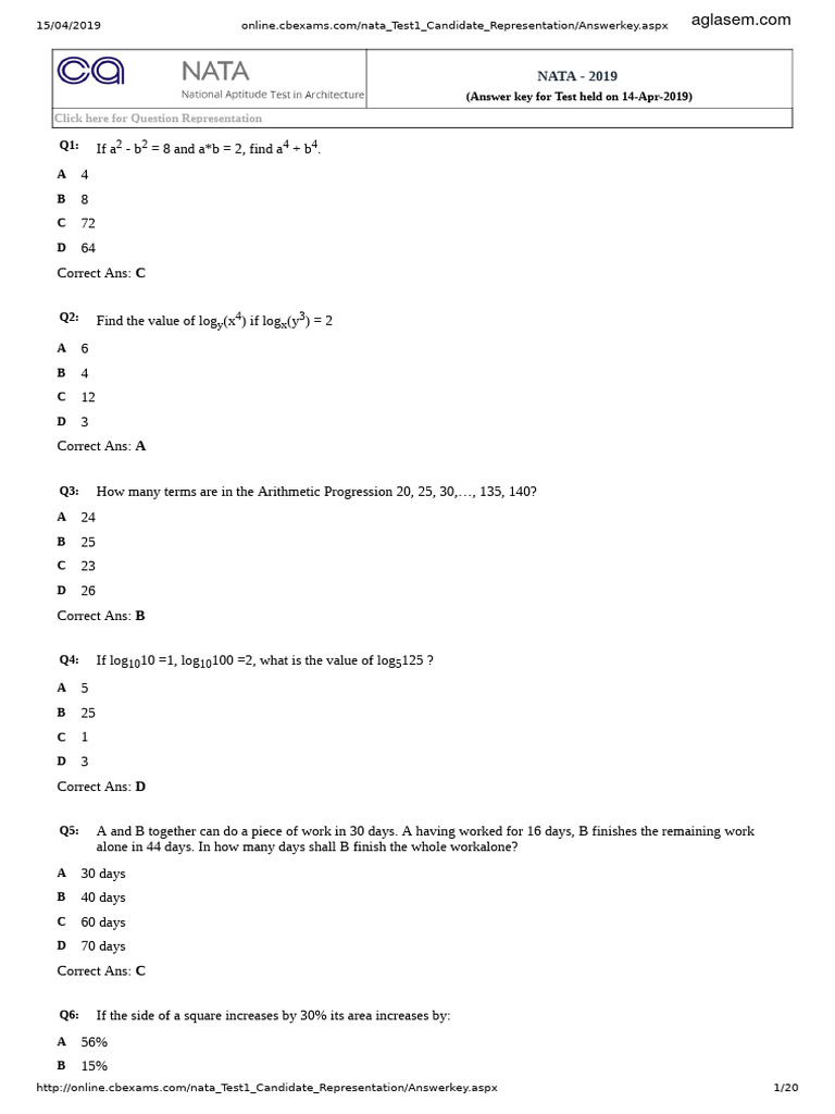 NATA 2019 Answer Key for 14-Apr Test | PDF | Shape