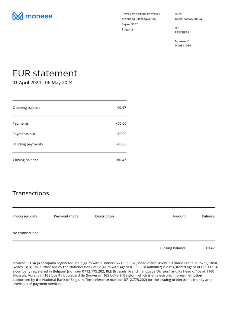 Monese Statement 01 April 2024 - 06 May 2024 PDF | PDF