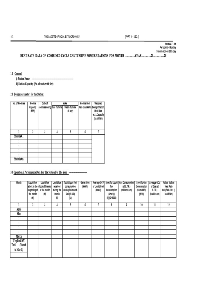 Format 59 Heat Rate Data Of Combined Cycle Gas Turbine Power Stations