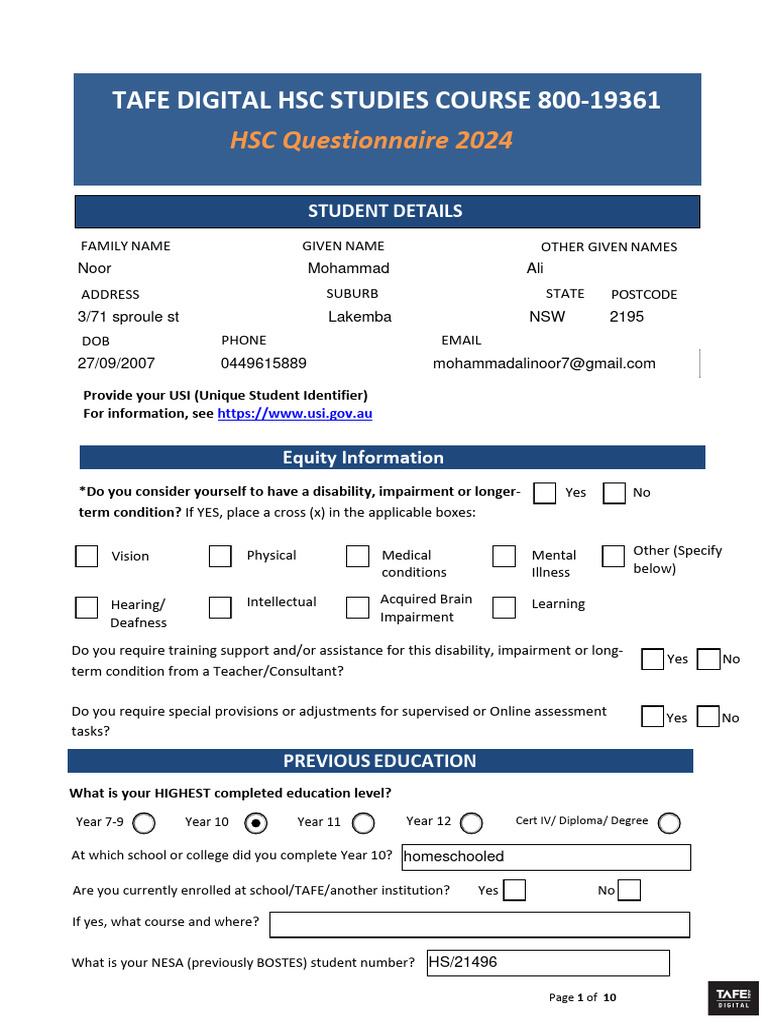 2024 HSC Questionnaire | PDF