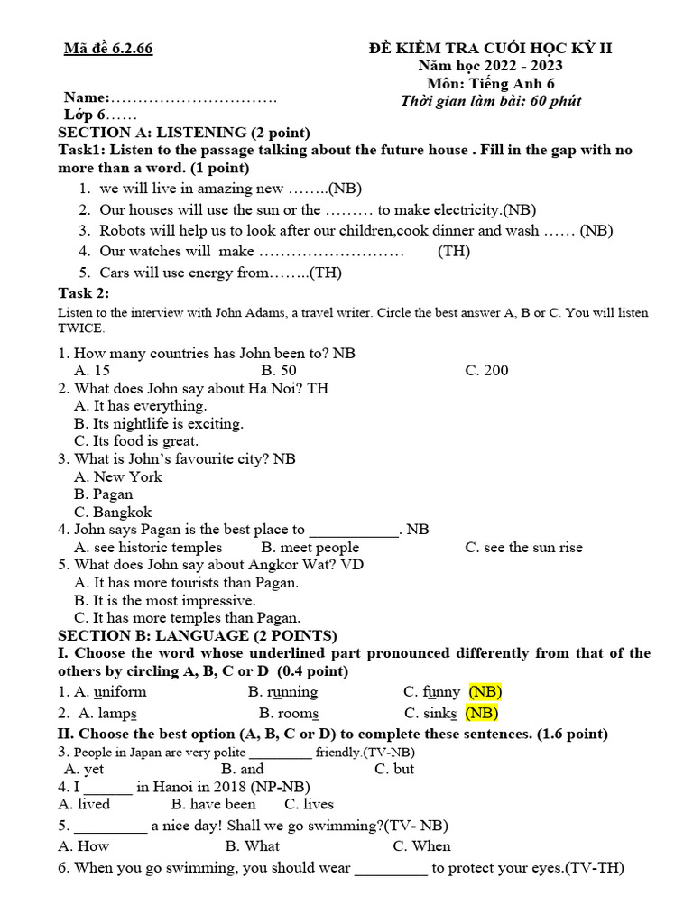 Đề KÌ 2 ANH 6 | PDF