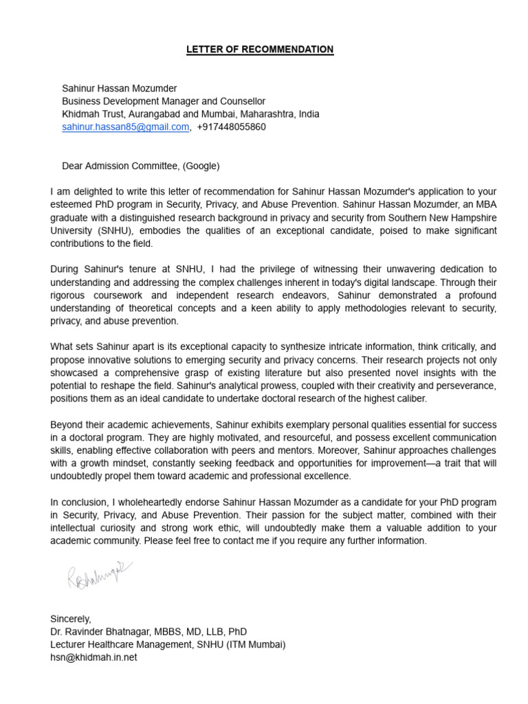 Letter of Recommendation | PDF | Doctor Of Philosophy | Privacy