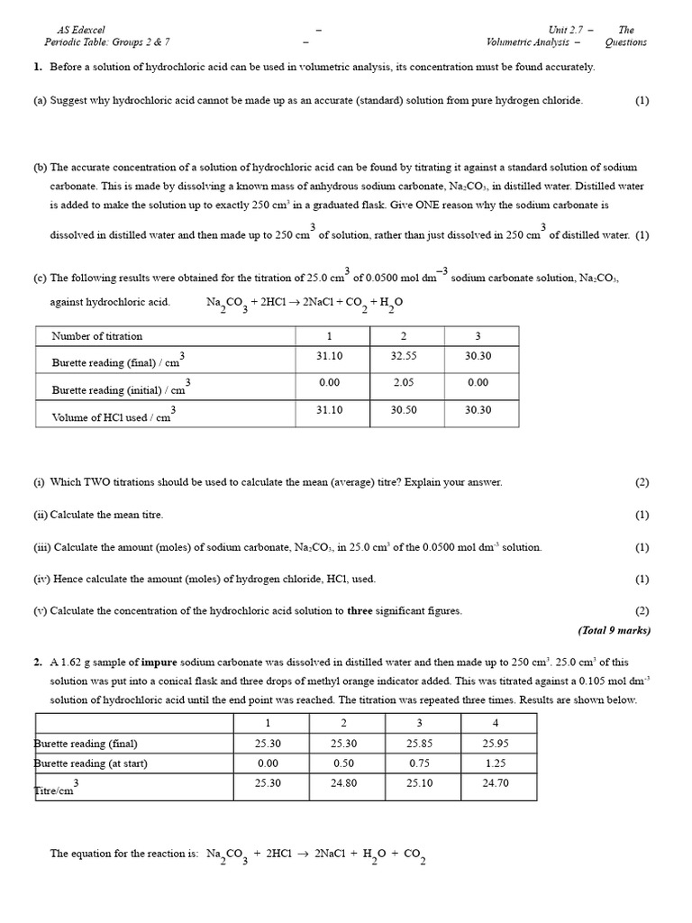 Volumetric Analysis Titration Questions | PDF | Titration | Chemistry