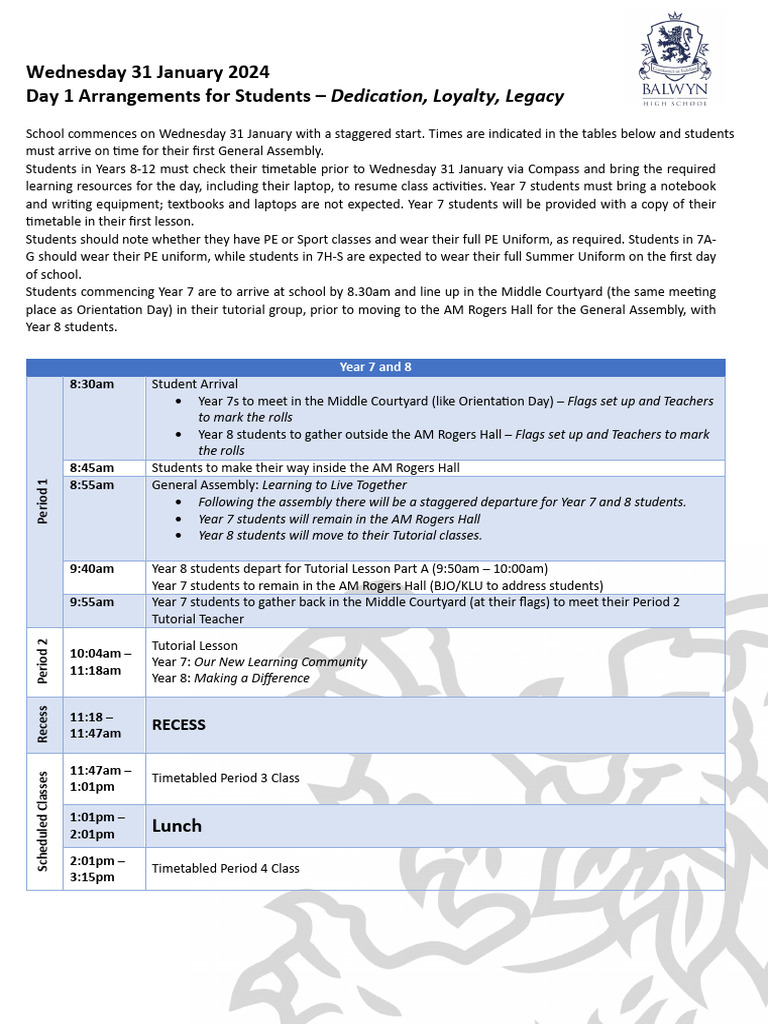 Students Return Day 1 Timeable | Download Free PDF | Behavior ...