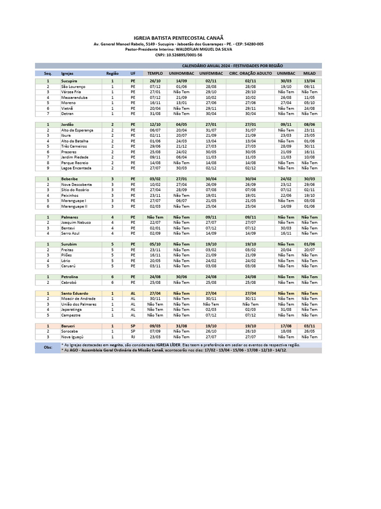 IBPC - Calendário Anual 2024 - Festividades Por Região | PDF