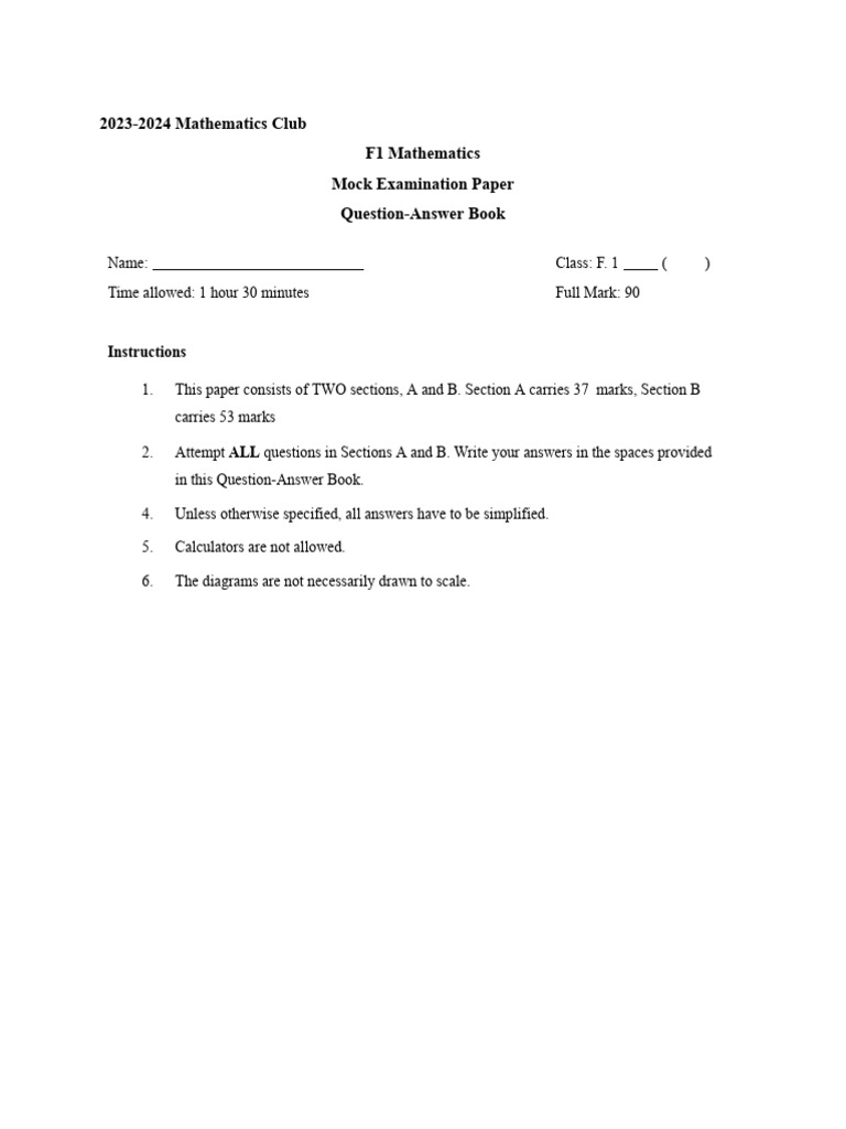 F1 Mock Paper - Mark Scheme - Final | PDF | Cartesian Coordinate System ...