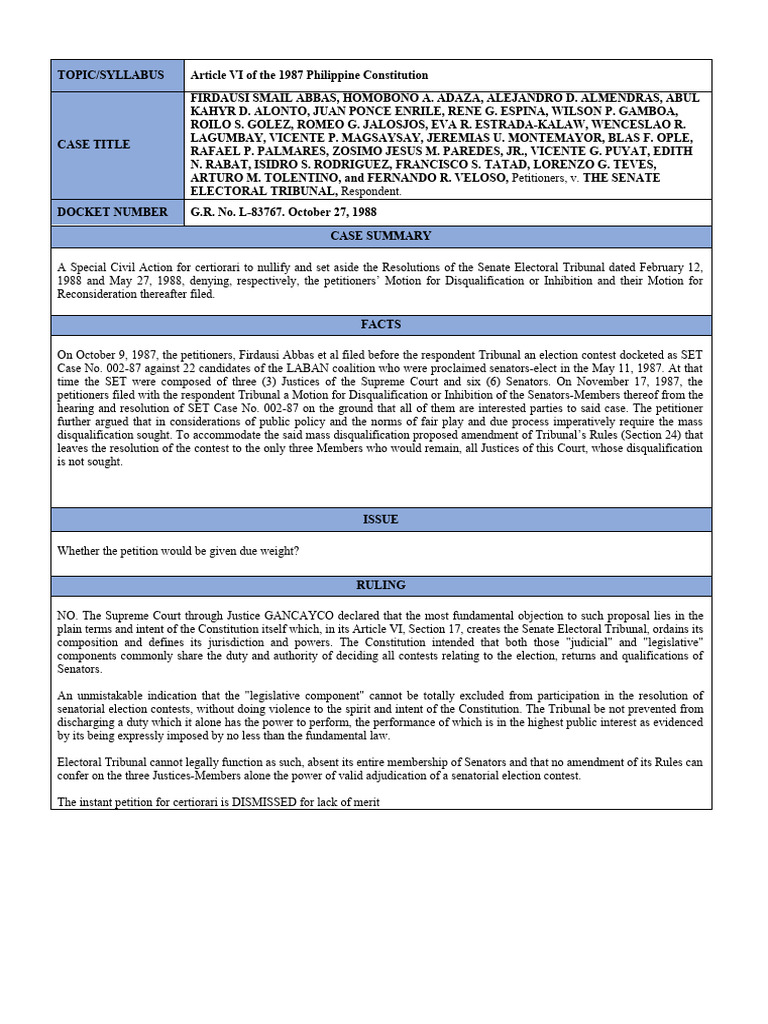 Senate Electoral Tribunal Case Summary | PDF | Tribunal | Constitution