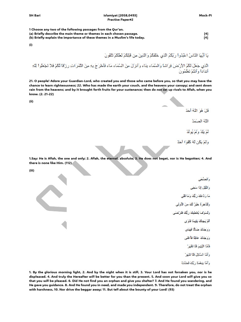 O Level Islamiyat P1-Practise Mock-2 | PDF | God In Islam | Religious Belief And Doctrine