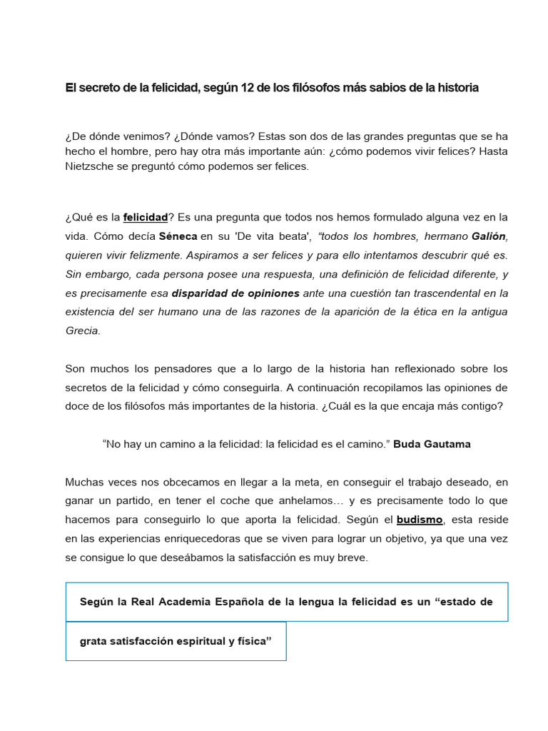 Filosofía de la felicidad: 12 sabios | PDF | Felicidad | Platón