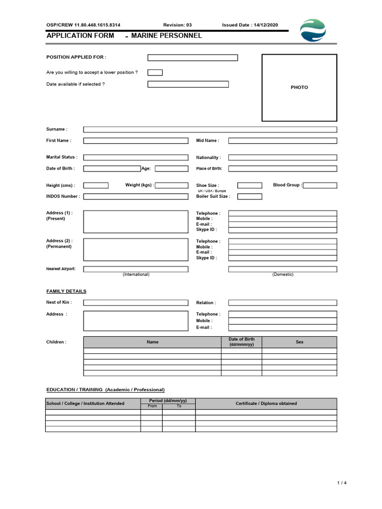 Marine Personnel Application Form | PDF | Oil Tanker | Shipping