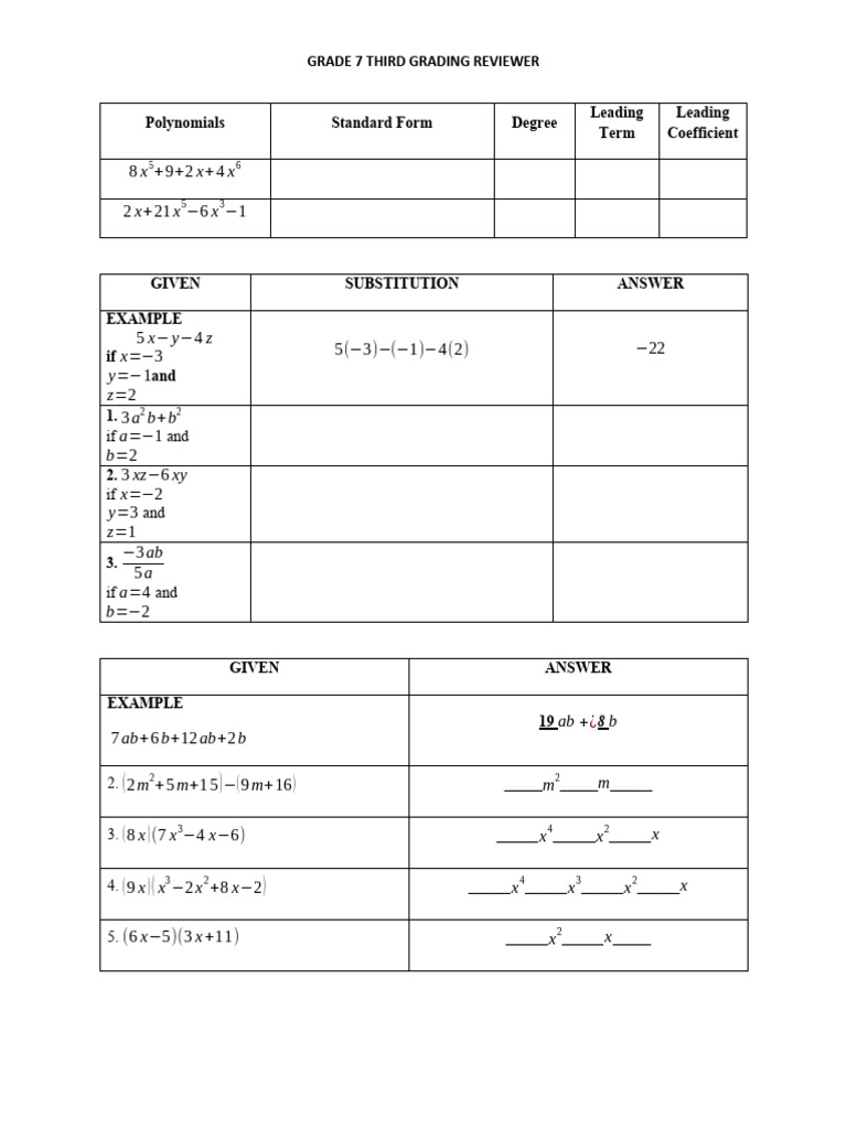 Grade 7 Elementary Algebra Reviewer 3rd Grading | Download Free PDF | Mathematical Objects ...