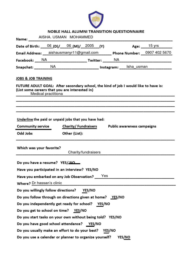 Noble Hall Alumni Transition Questionnaire | Download Free PDF ...