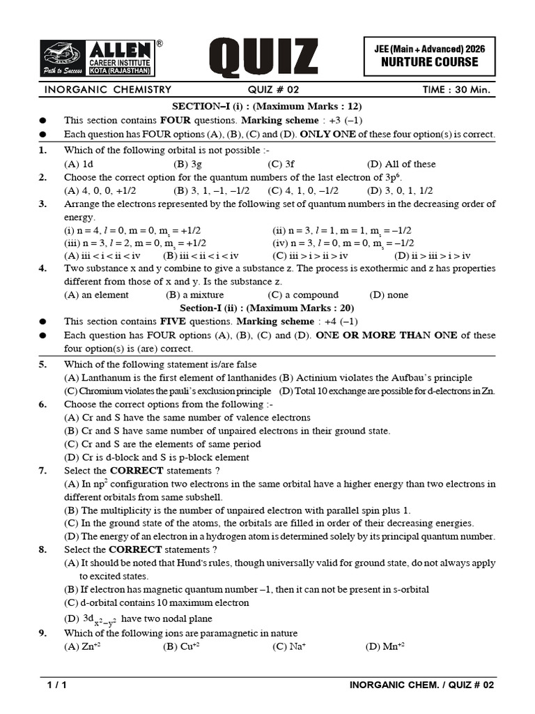 Inorganic Chemistry Quiz Questions | PDF | Electron Configuration ...