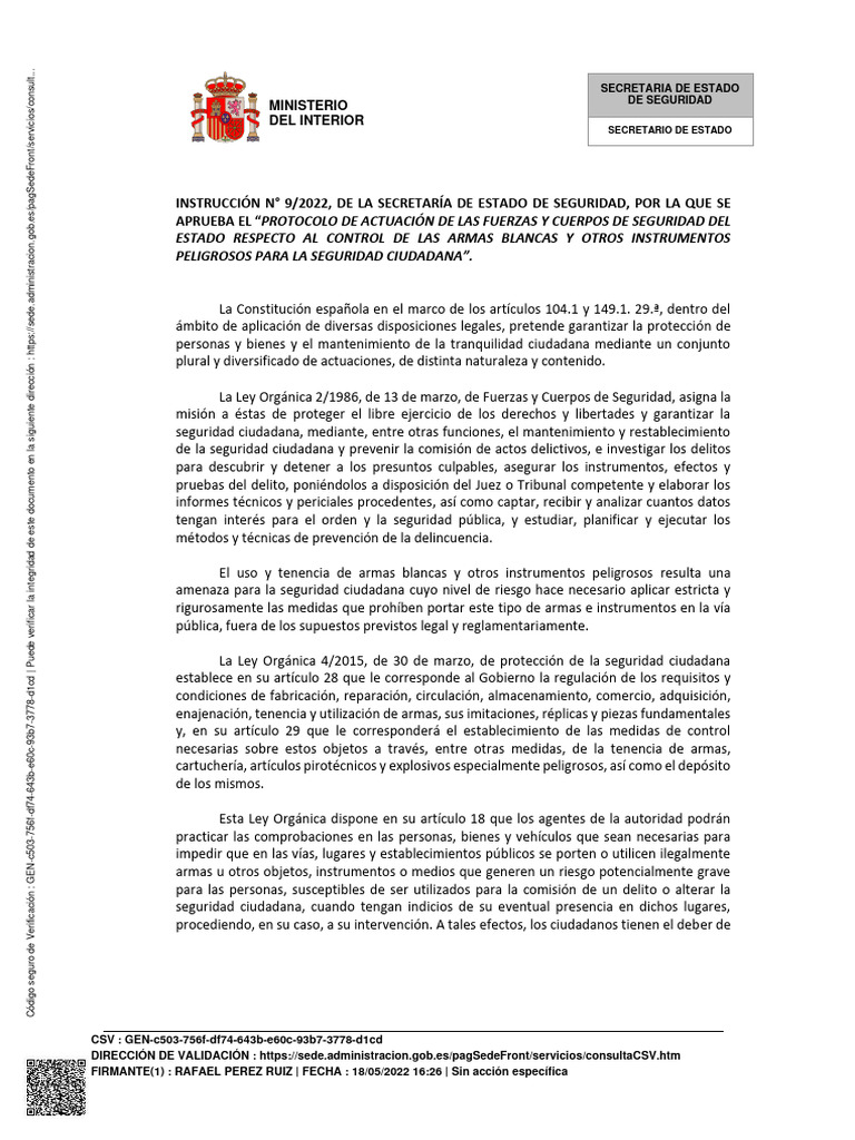 Instrucción 9/2022 de Secretaria Estado Seguridad Protocolo de ...