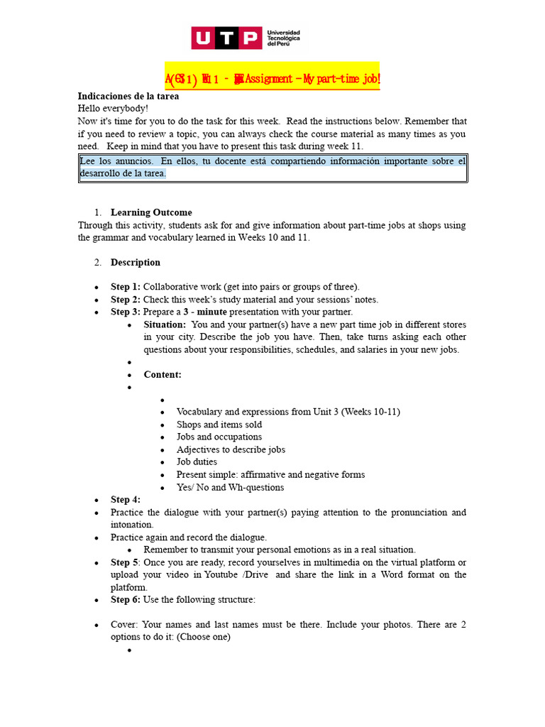 ? (AC-S11) Week 11 - Speaking Task Assignment - My Part-Time Job ...