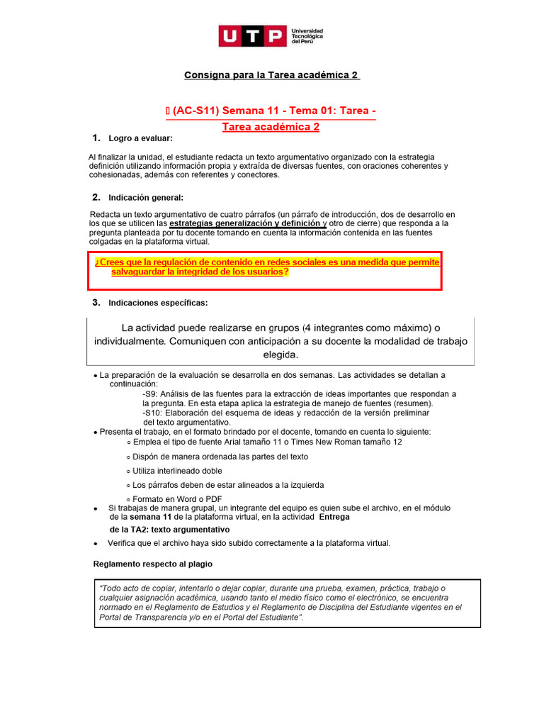 ? (AC-S11) Semana 11 - Tema 01 Tarea - Tarea Académica 2 (Regulación de Contenido en Redes ...