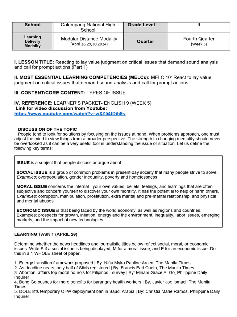 Grade 9 English Learning Plan April 262930 2024 | PDF | Learning ...