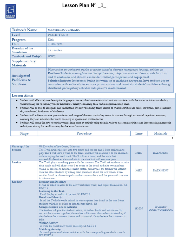Eh Lesson Plan M.bouchgara | PDF | Vocabulary | Reading Comprehension