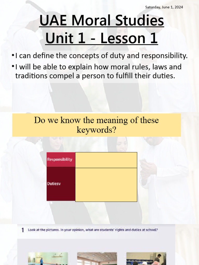 UAE Moral Studies Grade 7 (Year 8) Unit 1 Responsibilities and Duties ...