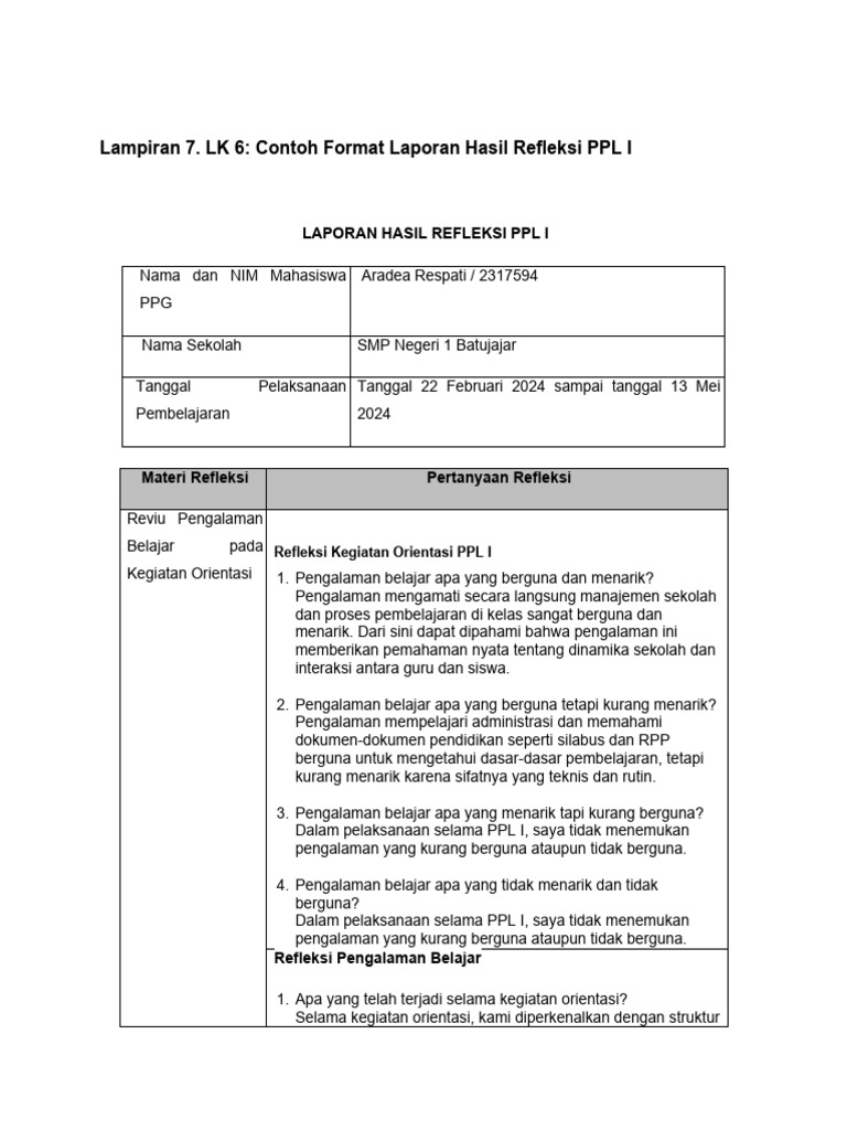 01.05.6-B5-3 Unggah LK 6 - Laporan Hasil Refleksi PPL 1 | PDF | Karier & Perkembangan ...
