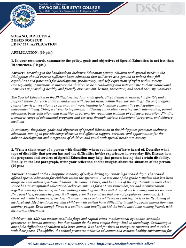 2bsed Socstud - Solano - M1L1 - Application | PDF | Special Education | Autism Spectrum