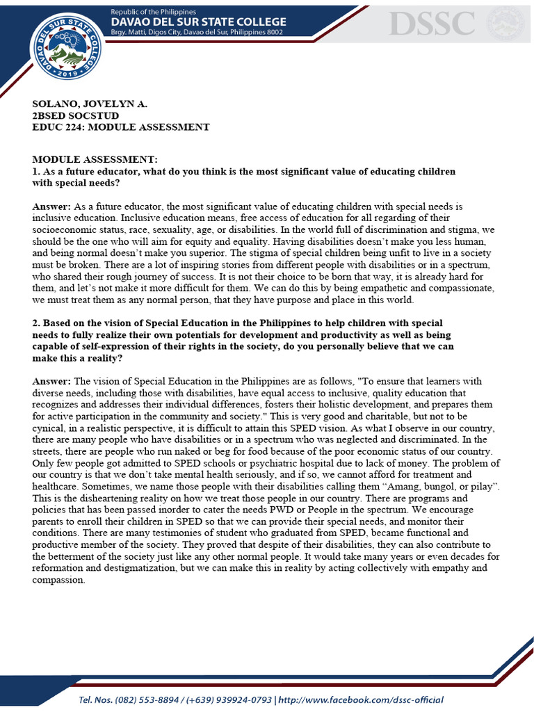 2bsed Socstud - Solano - Module Assessment | PDF | Disability | Inclusion (Education)