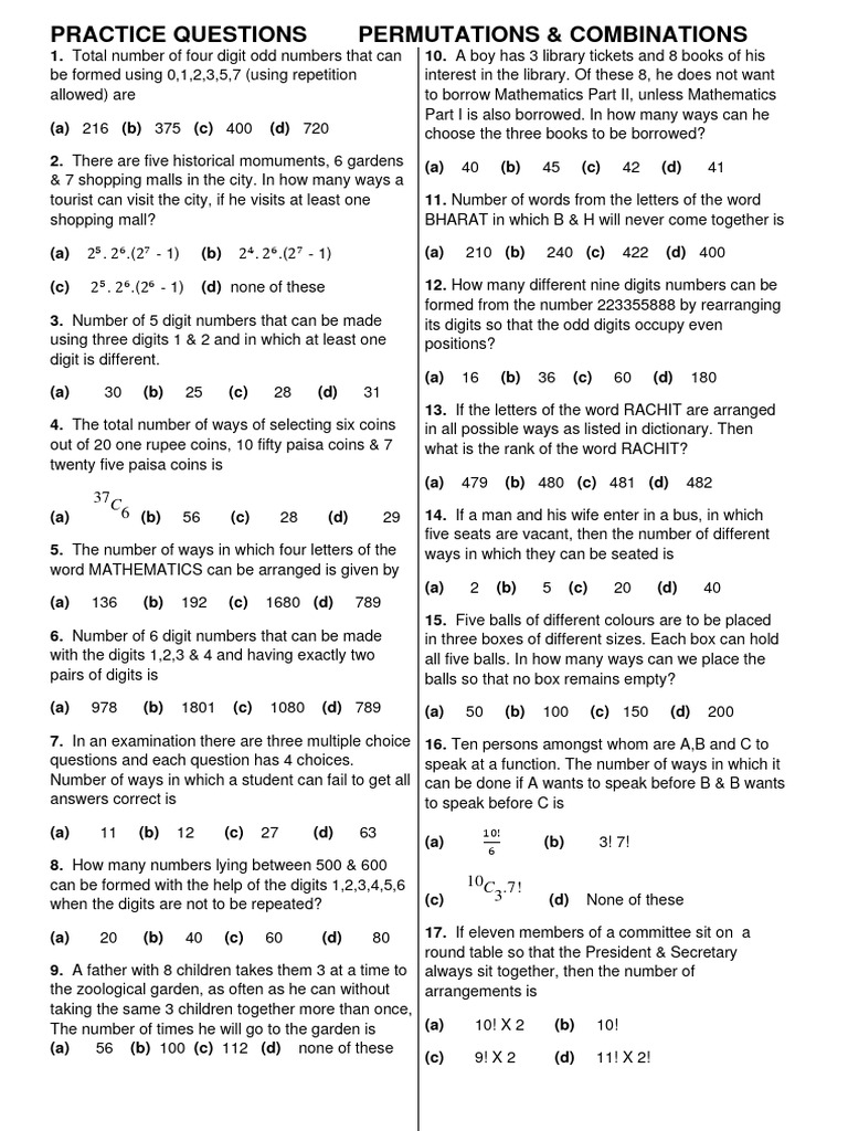 Practice Questions Permutations & Combinations | PDF | Mathematics